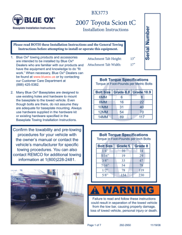 2007 Toyota Scion tC Baseplate BX3773 Installation Instructions | Manualzz