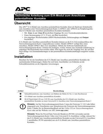 Schneider Electric APC Dry Contact I/O Accessory (AP9810) Benutzerhandbuch | Manualzz