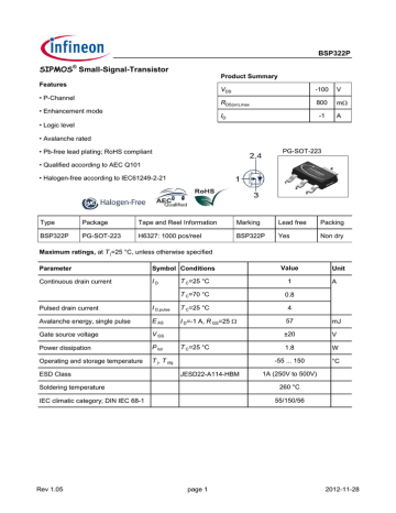 Infineon BSP322P MOSFET Data Sheet | Manualzz