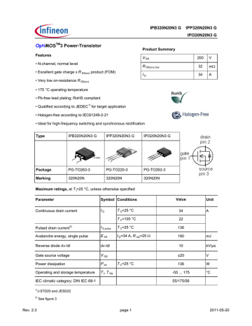 Infineon IPB320N20N3 G MOSFET Data Sheet | Manualzz