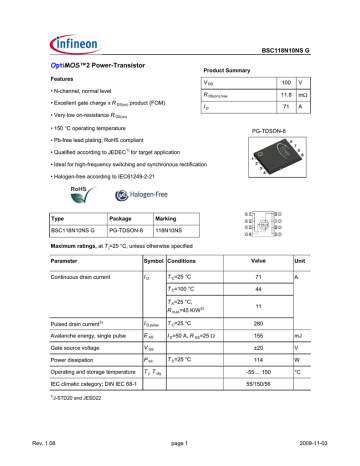 Infineon BSC118N10NS G MOSFET Data Sheet | Manualzz