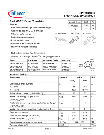 Infineon SPI21N50C3 MOSFET Data Sheet | Manualzz