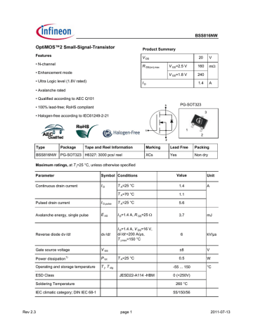 Infineon BSS816NW MOSFET Data Sheet | Manualzz