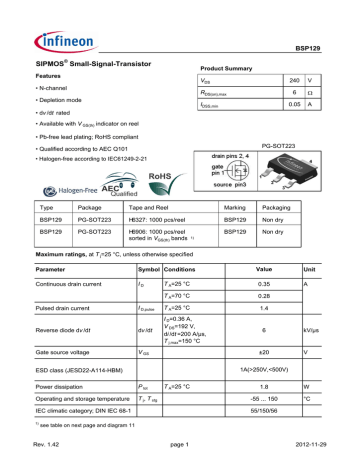 Infineon BSP129 MOSFET Data Sheet | Manualzz
