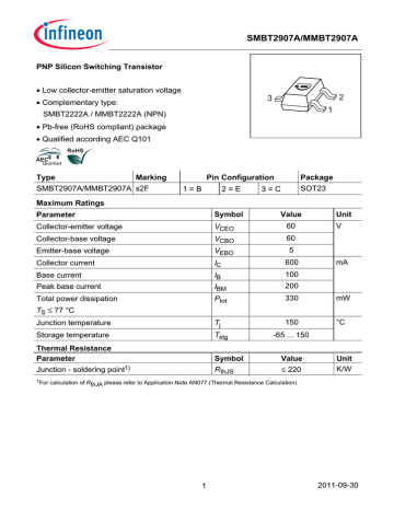 Infineon SMBT2907A / MMBT2907A Bipolar Transistor Data Sheet | Manualzz