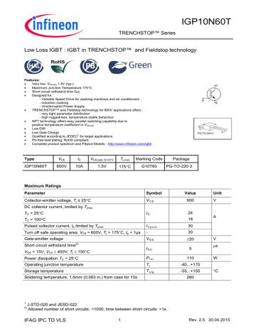 Infineon IGP10N60T IGBT Discrete Data Sheet | Manualzz