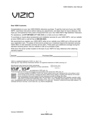 Vizio E322VL LCD Television Owner's Manual | Manualzz