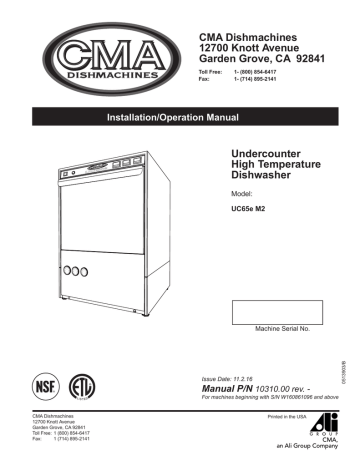 CMA dishwasher UC65e M2 Installation/Operation Manual | Manualzz