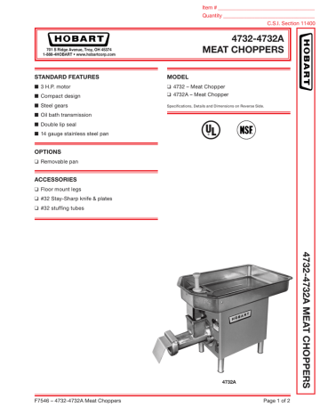 HOBART 4732(A) Chopper Spec Sheet | Manualzz