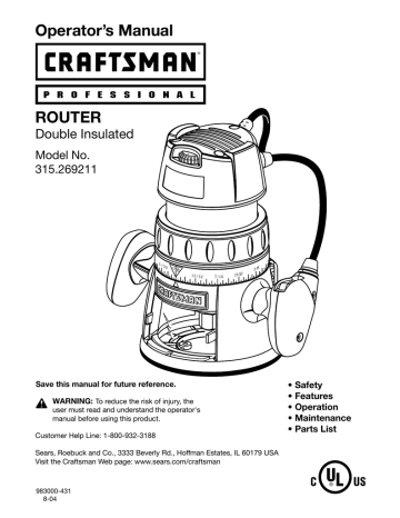 CRAFTSMAN router 315.269211 Operator's Manual | Manualzz
