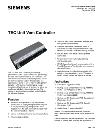 TEC Unit Vent Controller Technical Specification Sheet | Manualzz