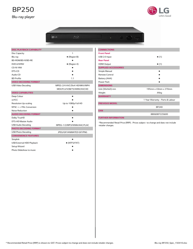 LG BP250 Specification | Manualzz