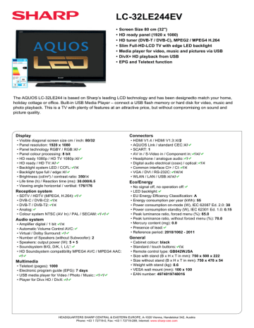 Sharp LCD TV LC-32LE244EV Product Details | Manualzz