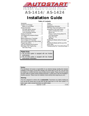 Autostart AS-1414, AS-1424 Installation Guide | Manualzz