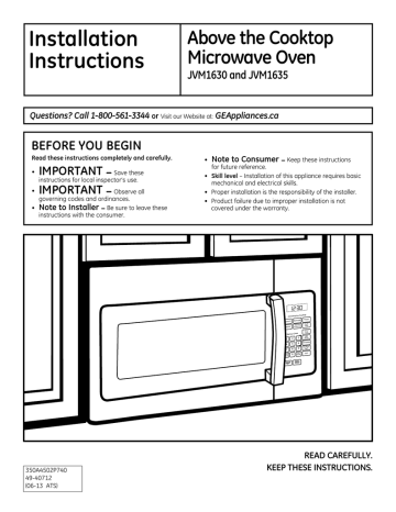 GE Microwave Oven JVM1630, JVM1635 Installation Instructions | Manualzz