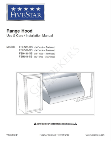 FiveStar Range Hood FSH 301-SS, FSH 361-SS, FSH 481-SS, FSH 601-SS User ...