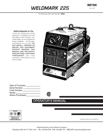 Lincoln Electric Weldmark 225 - 10946 Operator`s manual | Manualzz