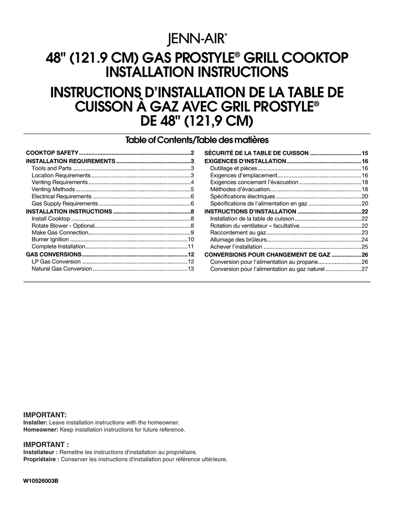 Jenn-Air PRO-STYLE JGD8348CDP Installation Instructions Manual | Manualzz