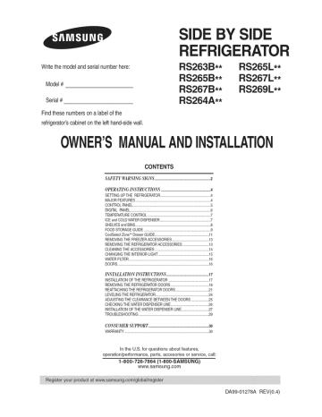 Samsung refrigerator RS263 B, RS263 L, RS264 A, RS265 B, RS265 L, RS267 ...