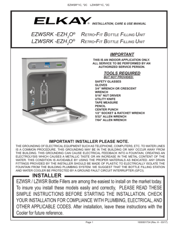 Elkay EZWSRK EZH2O® Wall Mount Stainless Steel Indoor Bottle Filling Station Installation Manual ...