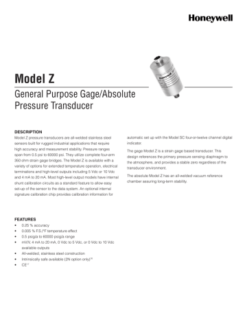 Honeywell Model Z Pressure Transducer Datasheet | Manualzz