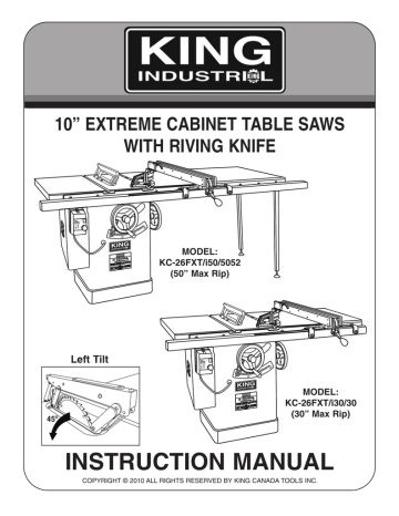 King Canada KC-10CCX 10 CONTRACTORS CABINET SAW Instruction, 51% OFF