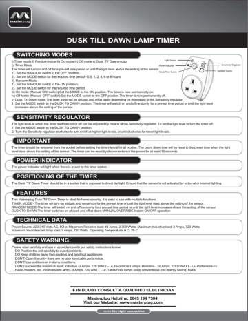 Masterplug DUSK TILL DAWN LAMP TIMER Owner Manual | Manualzz