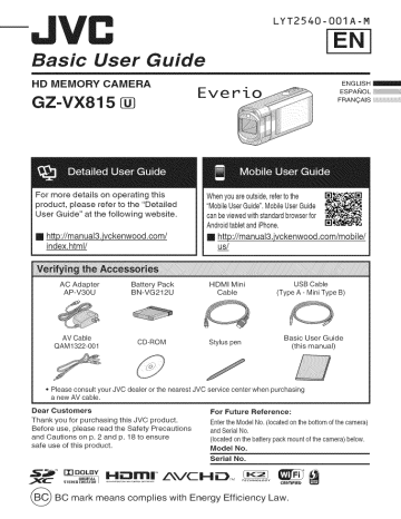 JVC Everio GZ-VX815 HD Memory Camera Basic User Guide | Manualzz