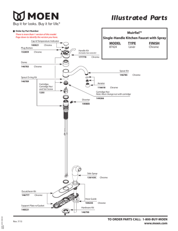 Moen 87424 Muirfield Chrome one-handle low arc kitchen faucet Exploded ...