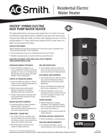 A.O. Smith 100188238 Voltex® 80 gal Hybrid Electric Heat Pump Water ...