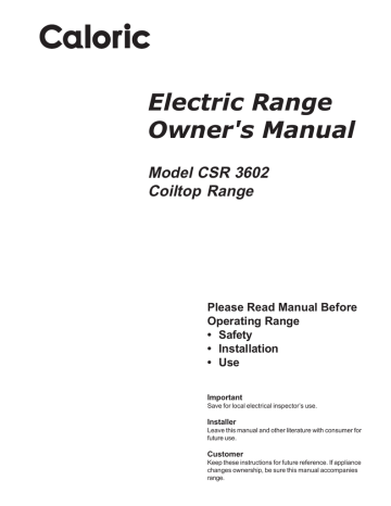 Caloric CSR 3602 Electric Range Owner's Manual | Manualzz