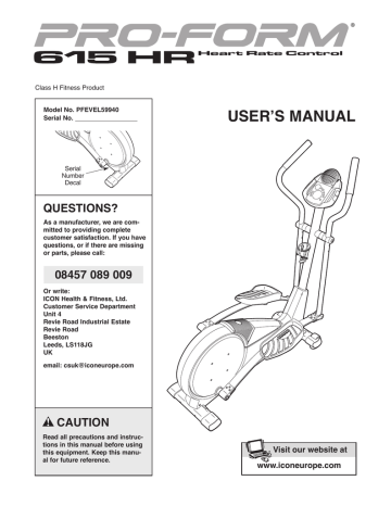 PRO-FORM 615 HR User's Manual | Manualzz