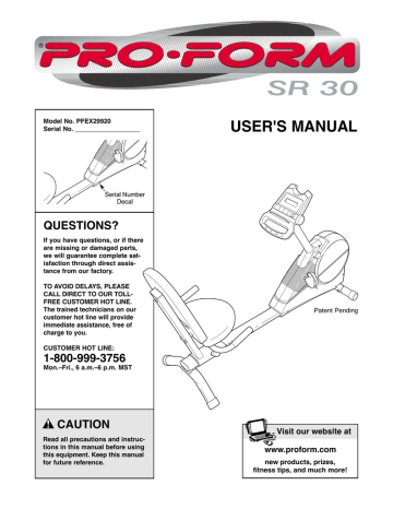 PRO-FORM SR 30 Exercise Cycle Users Manual | Manualzz
