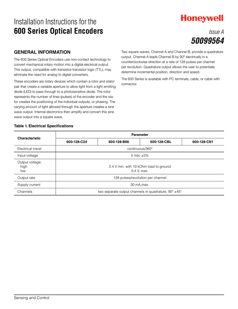 Honeywell 600 Series Optical Encoders Installation guide | Manualzz