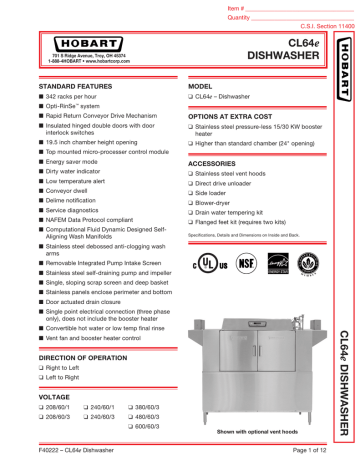 HOBART CL64e Dishwasher Spec Sheet | Manualzz