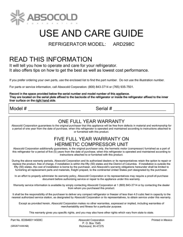 Absocold Corp ARD298C Use and care guide | Manualzz