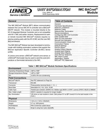 Lennox BACnet Module IMC BP1 Service Literature | Manualzz