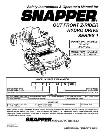 Snapper ZF2101DKU Rear Engine Riding Mower Owner's Manual | Manualzz