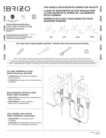 Brizo RSVP 6790 Installation Instructions Manual | Manualzz