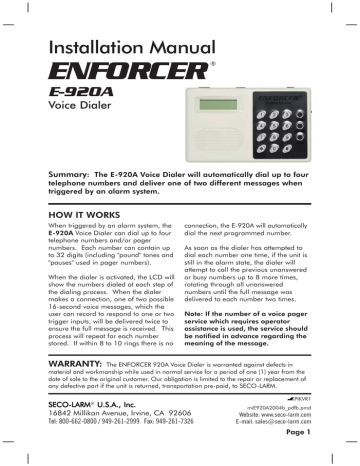 ENFORCER E-920A Installation manual | Manualzz