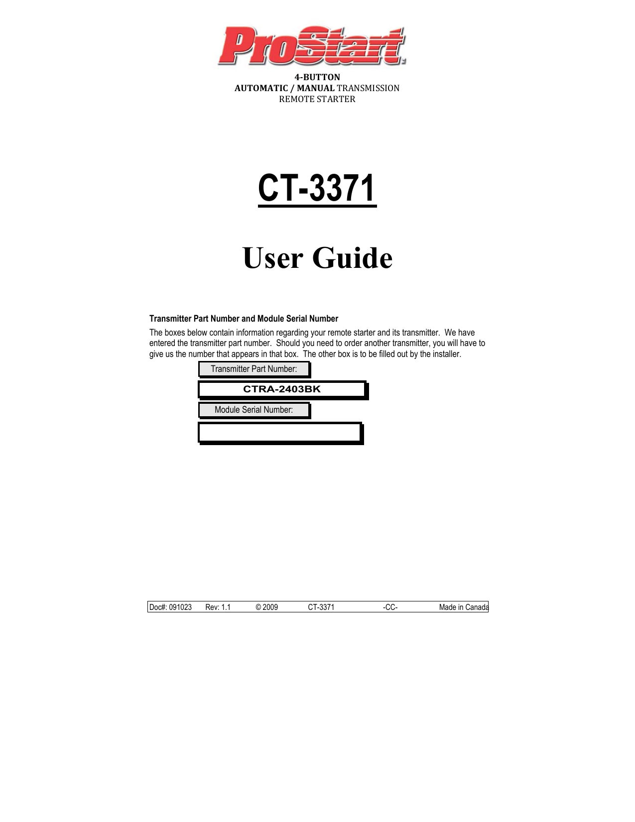 Directed Electronics ProStart CT-3371 User manual | Manualzz