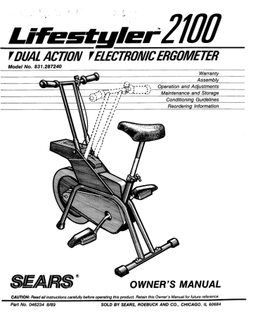 Sears Lifestyler 2100 Exercise Bike Owner's Manual | Manualzz