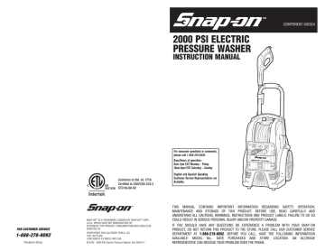 Snap-On 692024 Instruction Manual - 2000 PSI Electric Pressure Washer ...