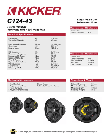 Kicker C124 43 car subwoofer Datasheet | Manualzz