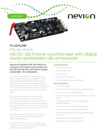 Nevion FRS-HD-XMUX4 - HD-SDI Frame synchronizer Datasheet | Manualzz