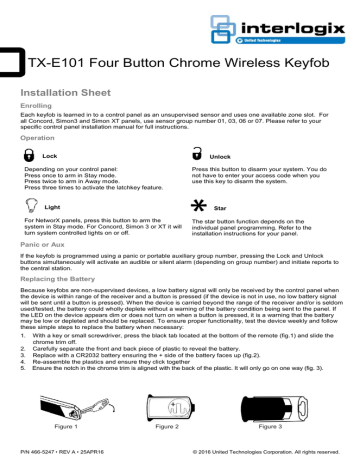 Interlogix TX-E101 Wireless Keyfob Installation Sheet | Manualzz