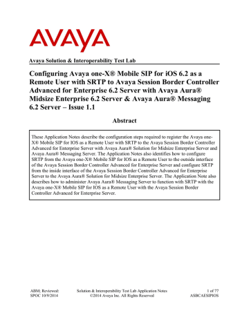 Avaya one-X Mobile SIP for iOS 6.2, Advanced for Enterprise 6.2 ...