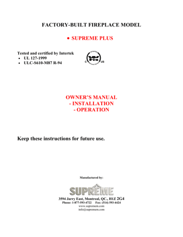 Supreme Plus Fireplace Owner's Manual | Manualzz