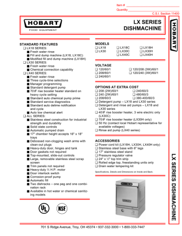 HOBART LXi Dishwasher Spec Sheet | Manualzz