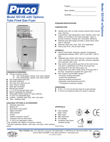 Pitco SG14S Deep Fryer Specification | Manualzz